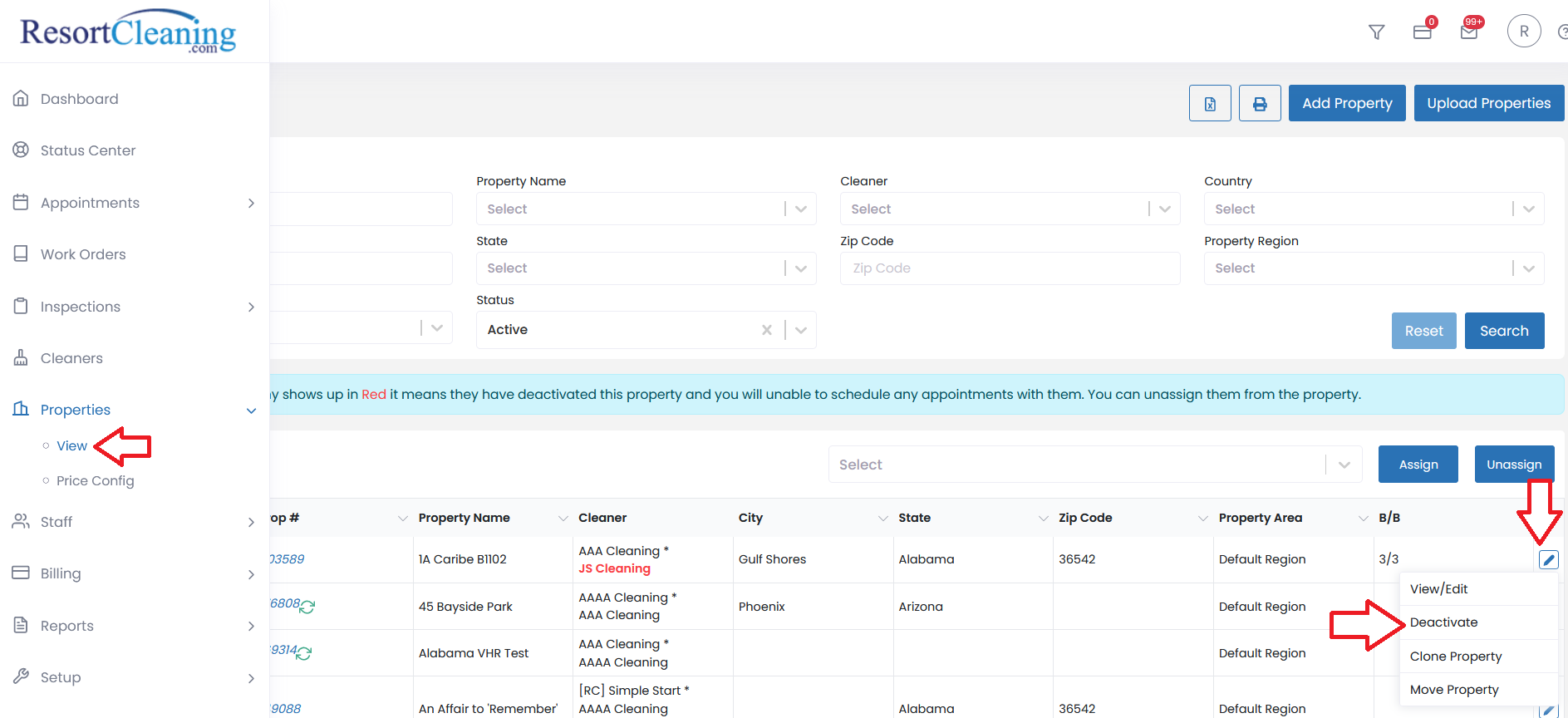 How do I deactivate a property and cancel all appointments? (for ...
